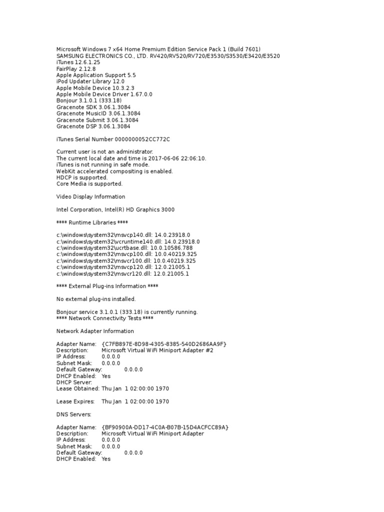 ITunes Diagnostics | PDF | Gateway (Telecommunications) | Microsoft Windows