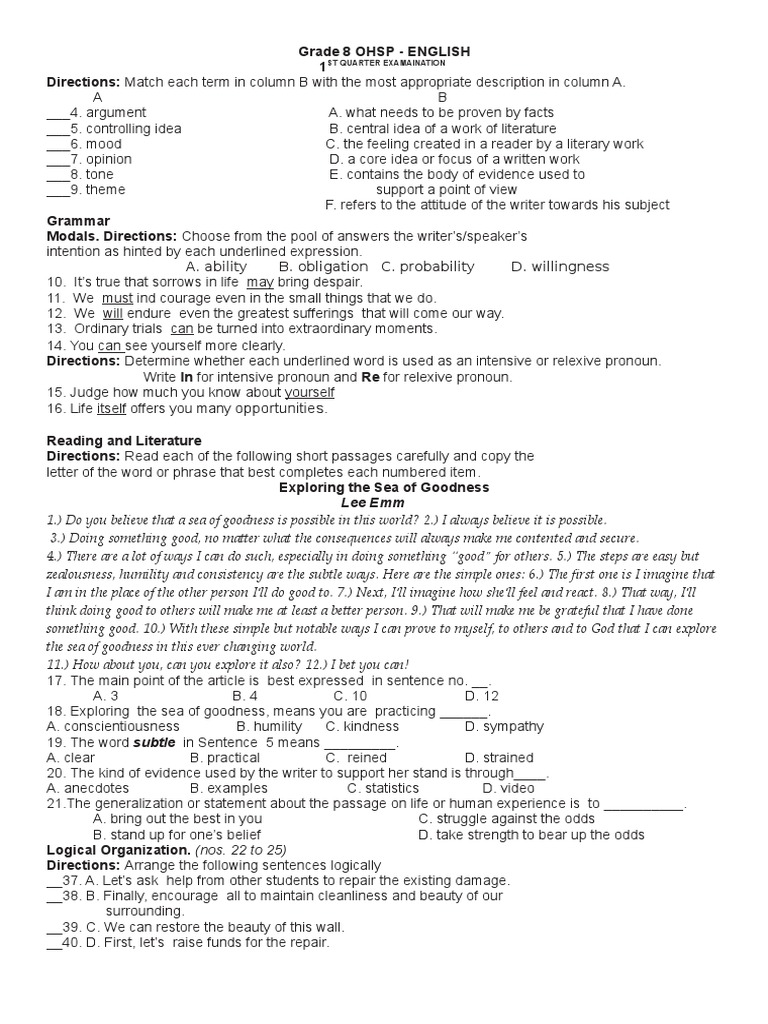 Grade 8 OHSP - 1st Quarter Examination | PDF | Test (Assessment ...