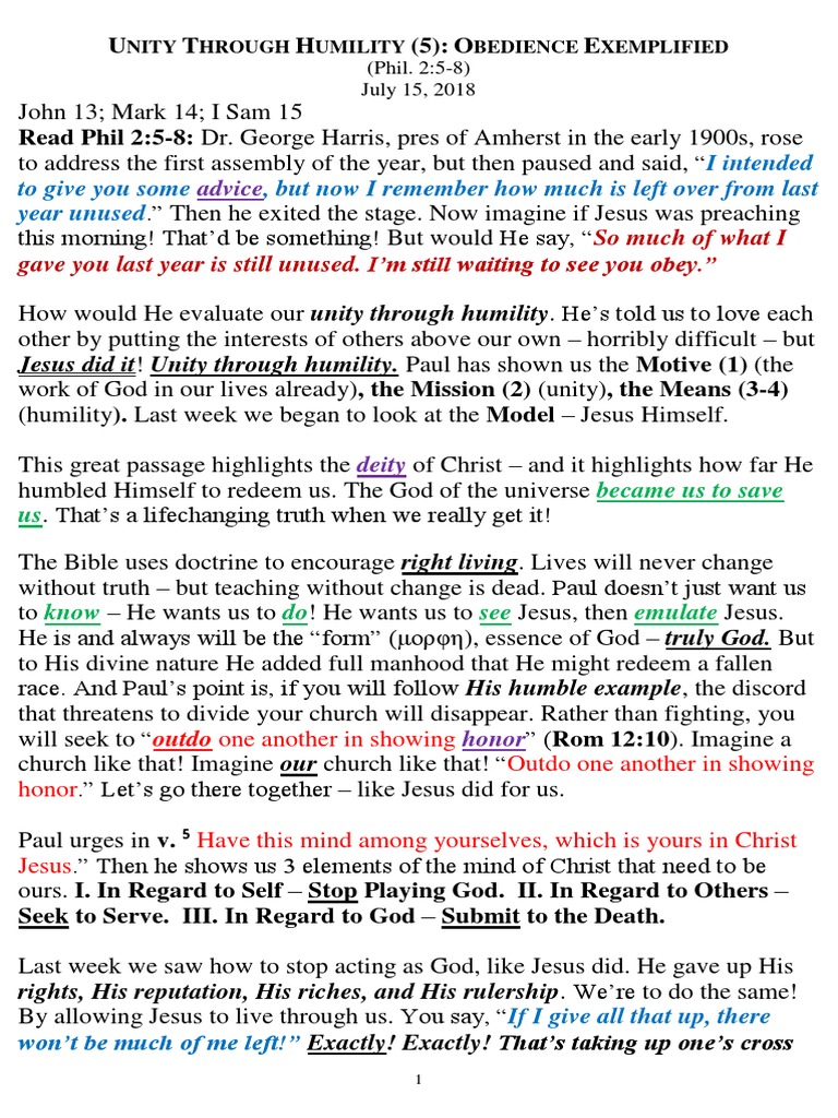 Phil 02-05-08 Unity Through Humility (5) - Obedience Exemplified | PDF ...