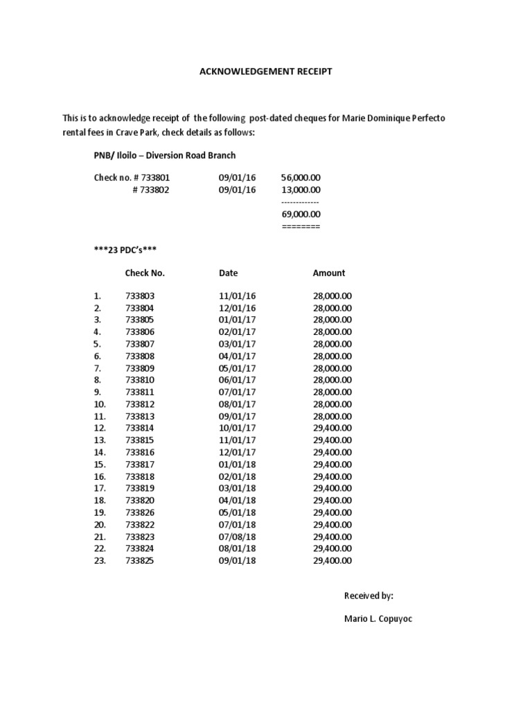 ACKNOWLEDGEMENT RECEIPT - Marie Dominique Perfecto | PDF | Cheque ...