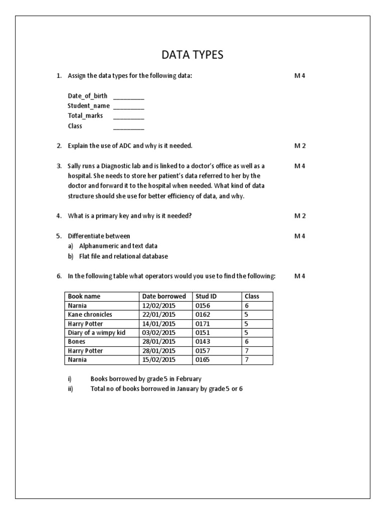 Data Types: Book Name Date Borrowed Stud ID Class | PDF
