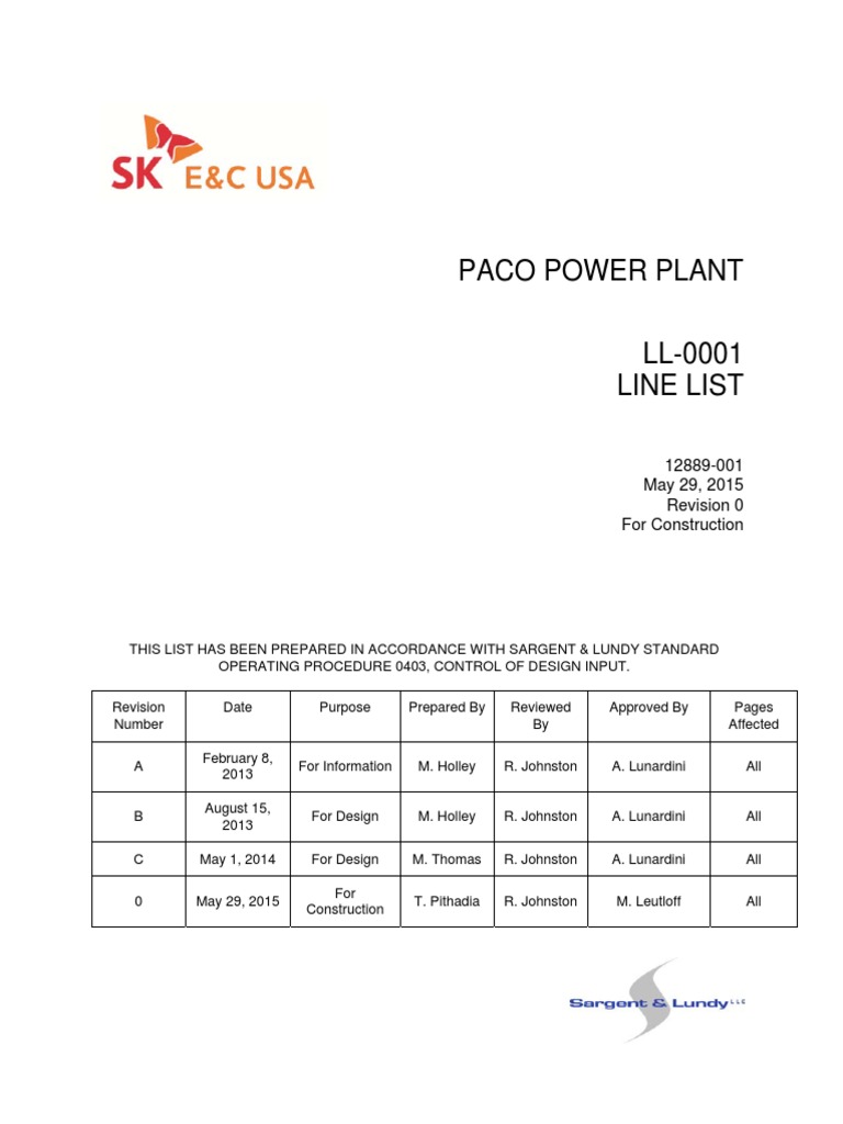 PACO Power Plant Pipeline Line List | PDF | Pipe (Fluid Conveyance ...