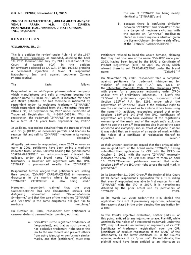 G.R. No. 197802, November 11, 2015 Zuneca Pharmaceutical, Akram Arain ...