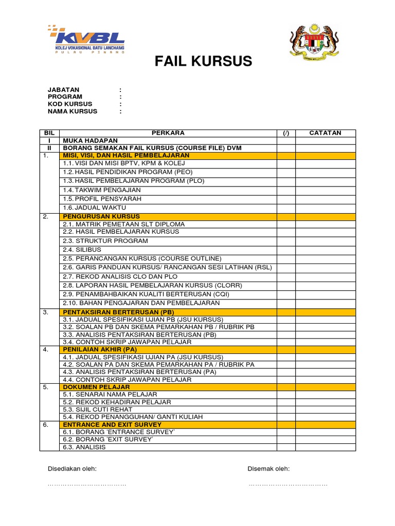 Senarai Kandungan Fail Kursus | PDF