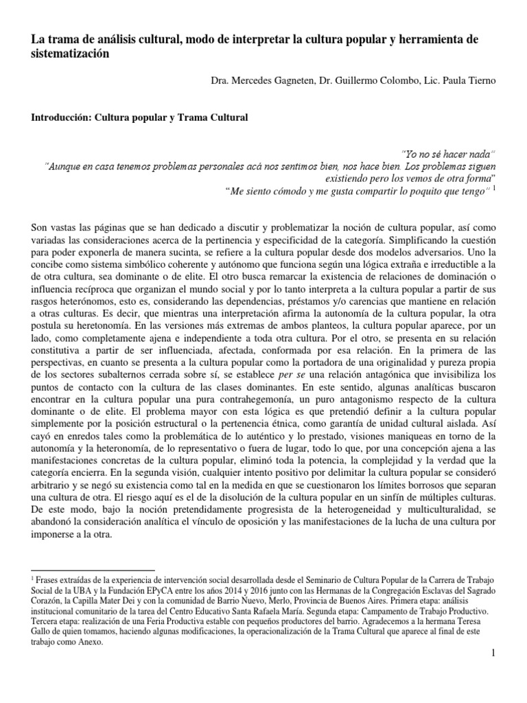 La Trama de Análisis Cultural, Modo de Interpretar La Cultura Popular y ...