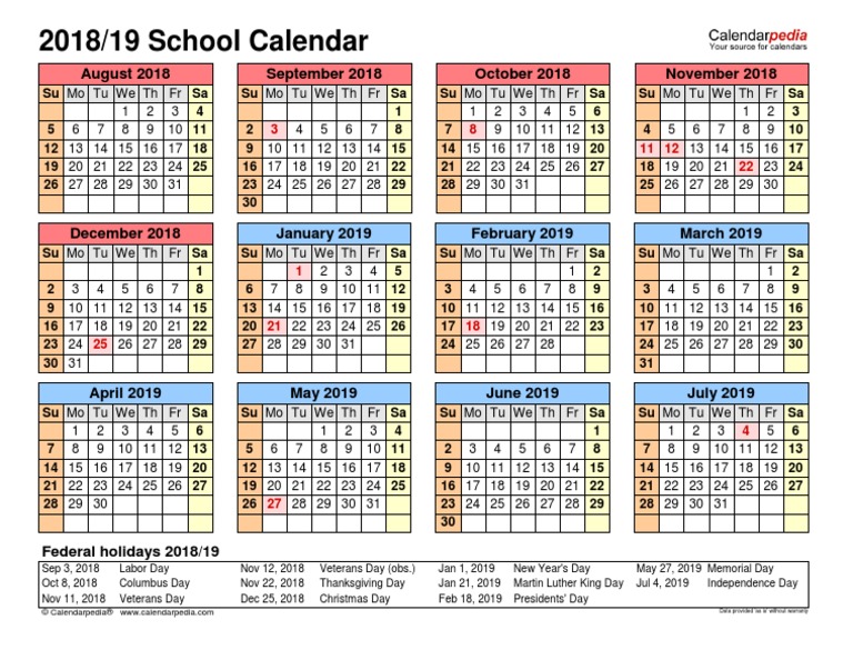 School Calendar 2018 2019 Landscape Year at A Glance | PDF | Secular ...