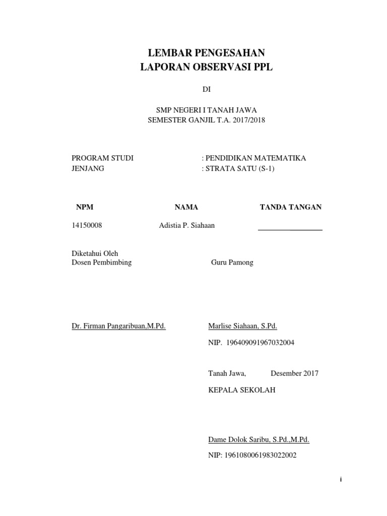 Lembar Pengesahan Laporan Observasi Program Pengalaman Lapangan | PDF