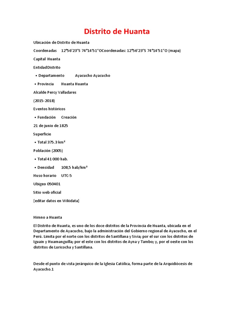 Información sobre el Distrito de Huanta | PDF