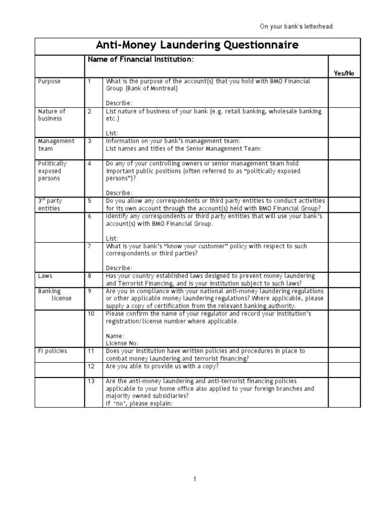 Bank's AML Questionnaire Response | PDF | Money Laundering | Regulatory ...