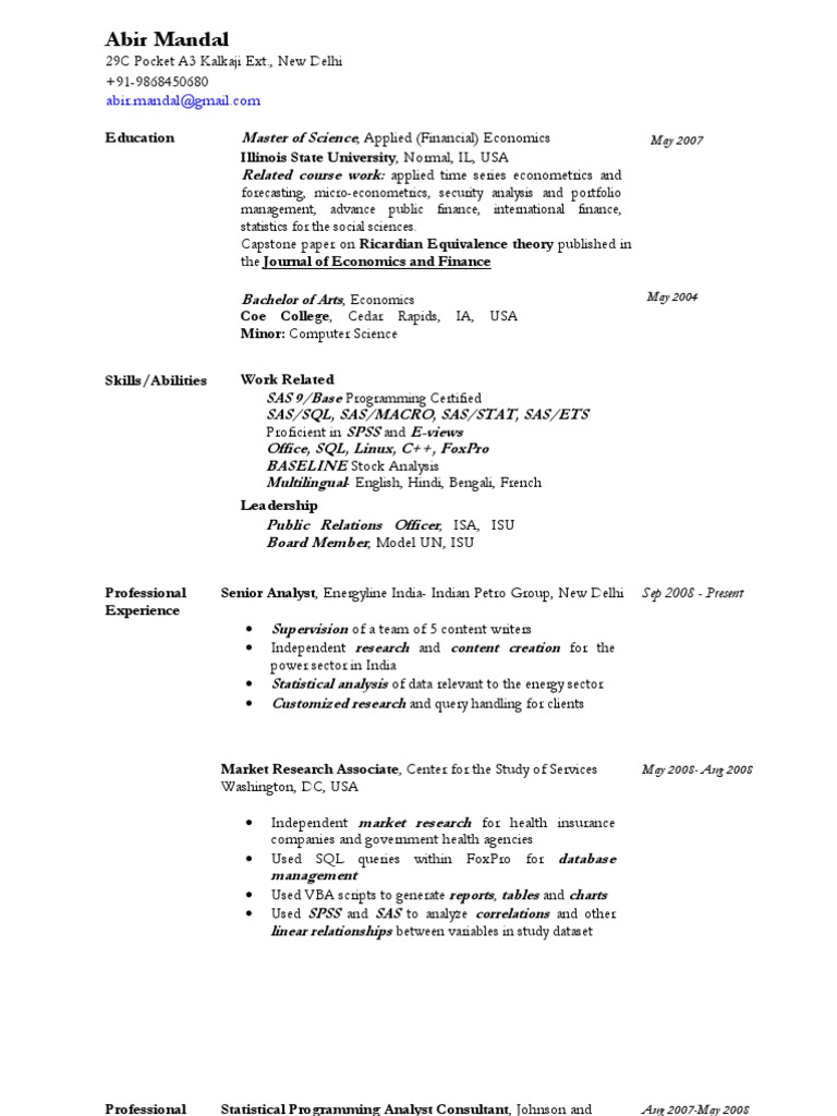 Abir Mandal Resume | PDF | Sas (Software) | Econometrics