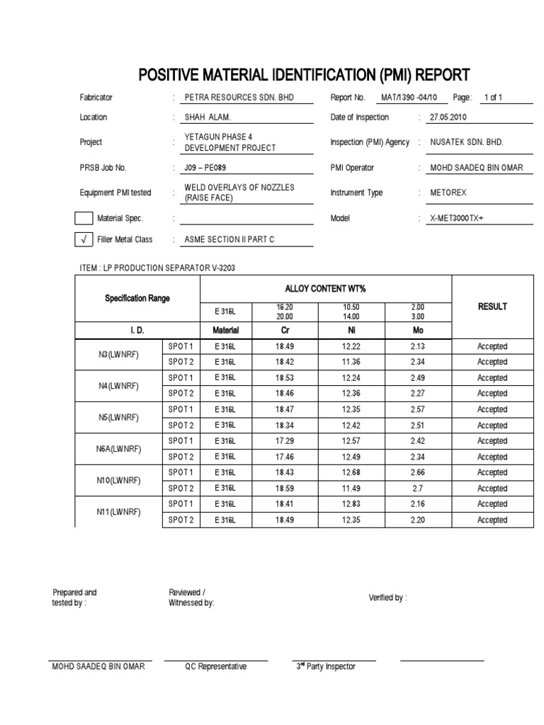 Positive Material Identification (Pmi) Report | PDF | Business Process ...
