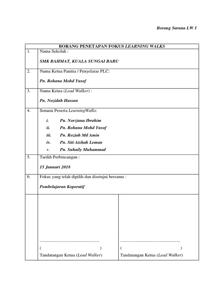 Borang Learning Walks | PDF