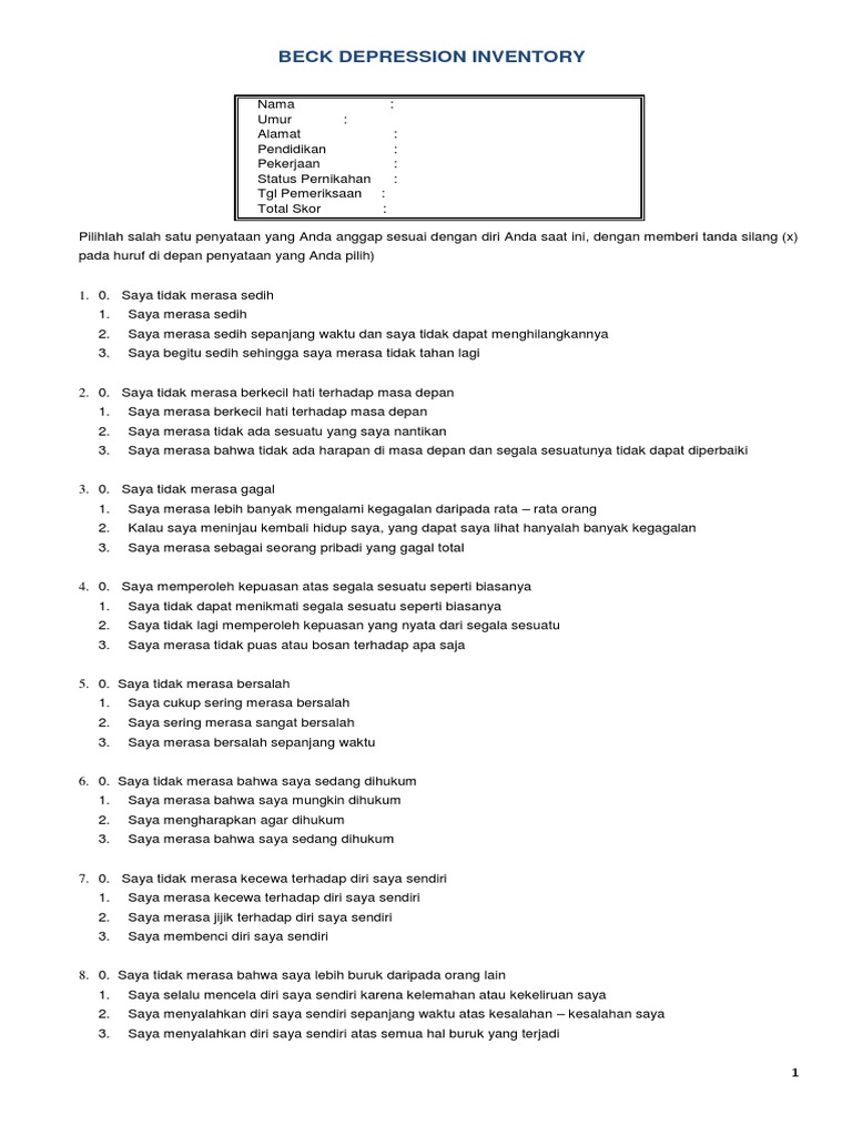 Panduan Beck Depression Inventory | PDF