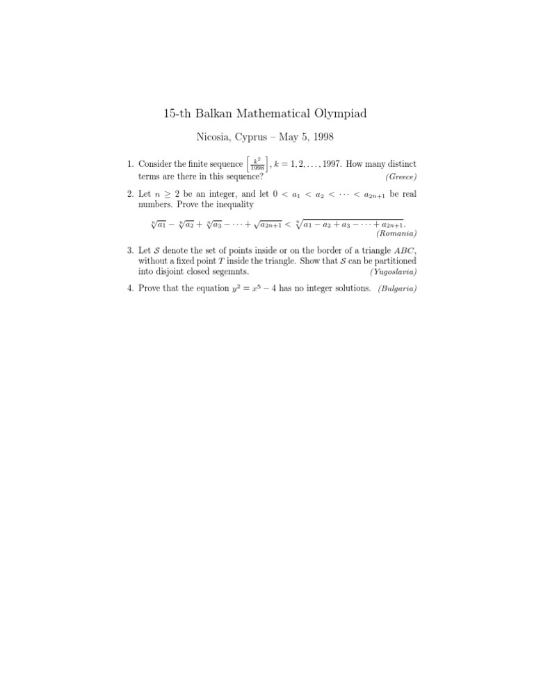 1998 Balkan Mathematical Olympiad Problems | PDF | Teaching Methods ...