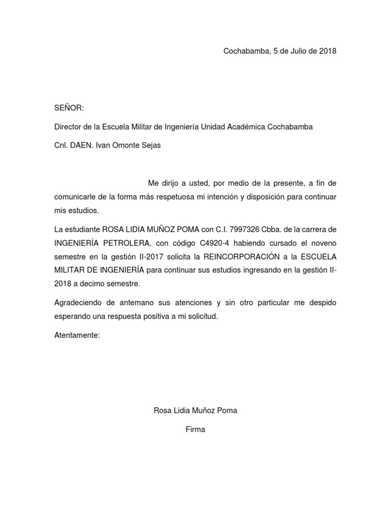 Carta de Solicitud de Reincorporacion | PDF