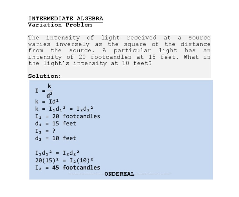 Intermediate Algebra Variation Problem | PDF