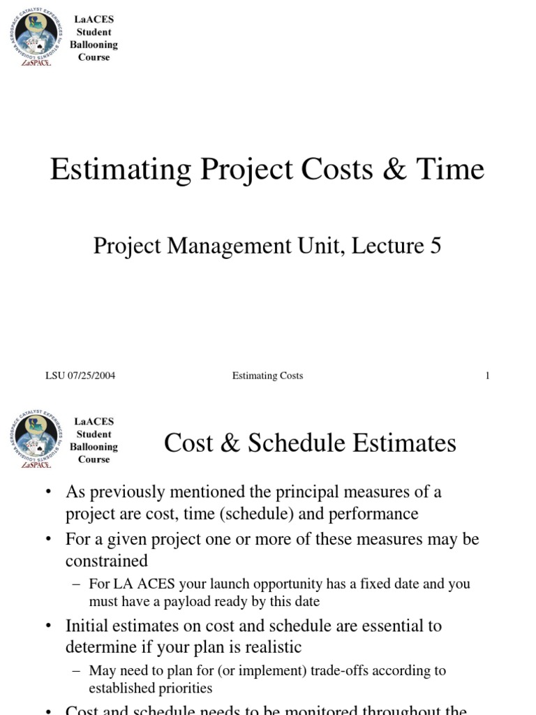 Estimating Project Costs & Time: Project Management Unit, Lecture 5 ...