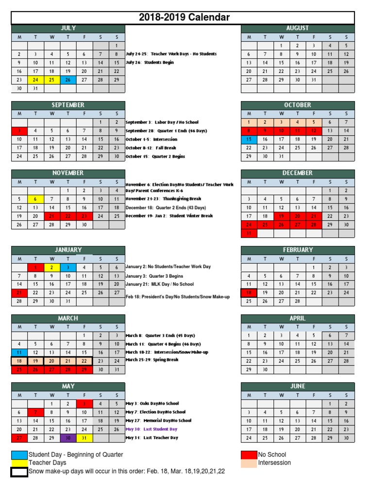 2018-2019 Calendar: July August | PDF | Academia | Students