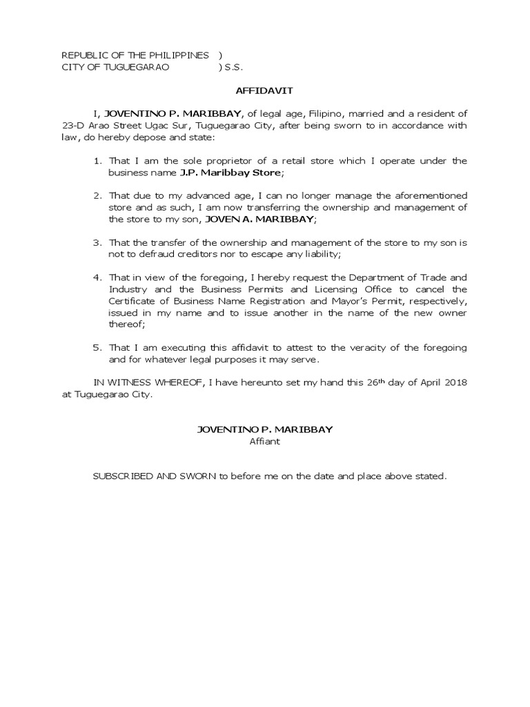 Affidavit Transfer of Ownership of Store | PDF