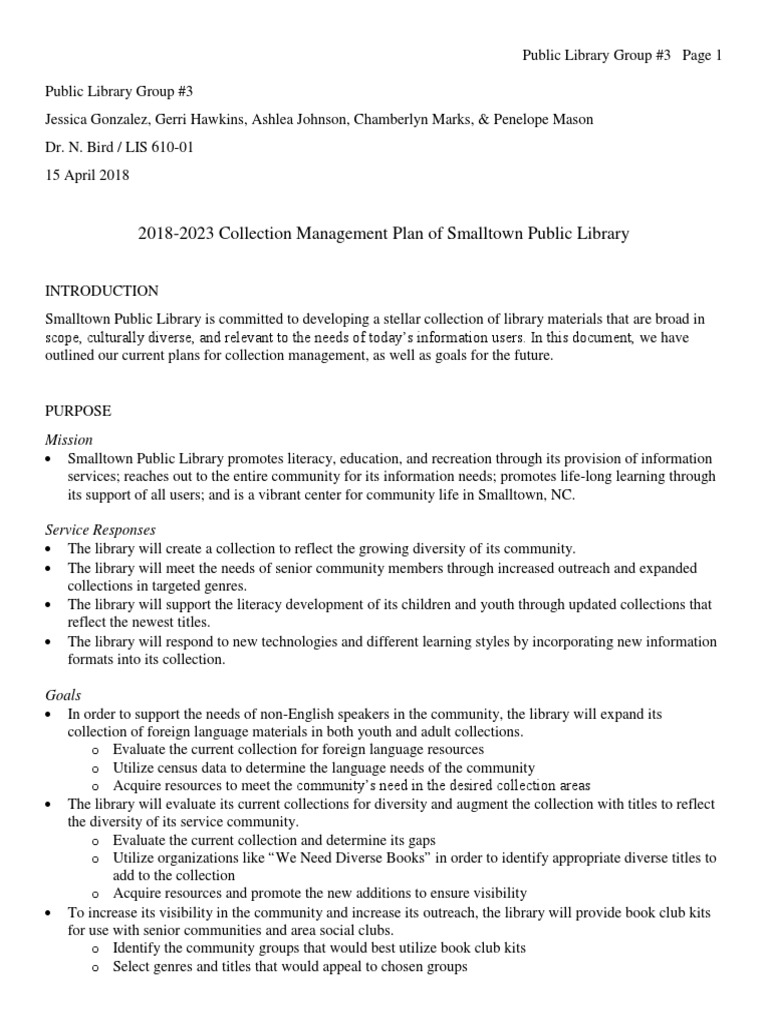 Collection Management Plan - Lis 610 | PDF | Public Library | Libraries