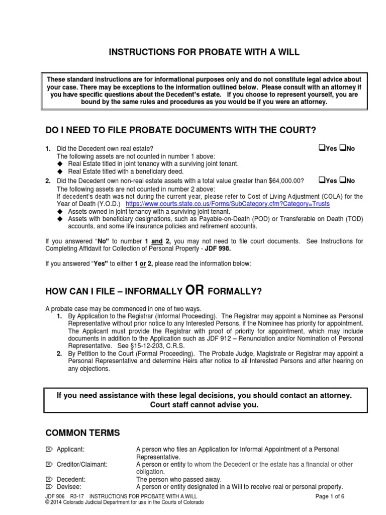Colorado Probate Instructions with Will | PDF | Probate | Concurrent Estate