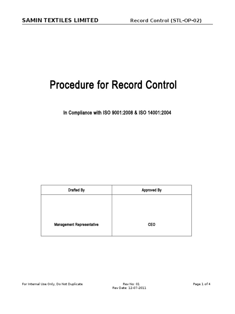 Procedure For Record Control: Samin Textiles Limited | PDF | Quality ...