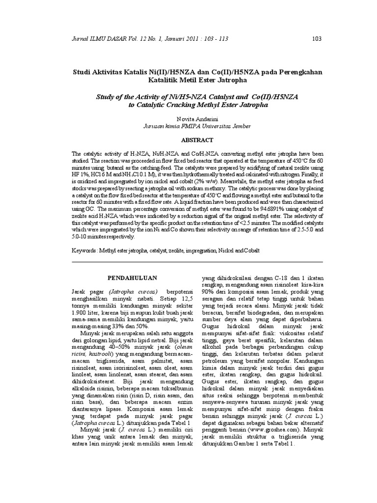 Studi Aktivitas Katalis Ni (II) /H5NZA Dan Co (II) /H5NZA Pada Perengkahan Katalitik Metil Ester ...