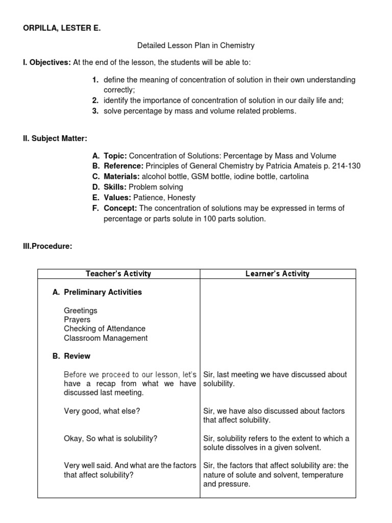 Detailed Lesson Plan in Chemistry | PDF | Solution | Solubility