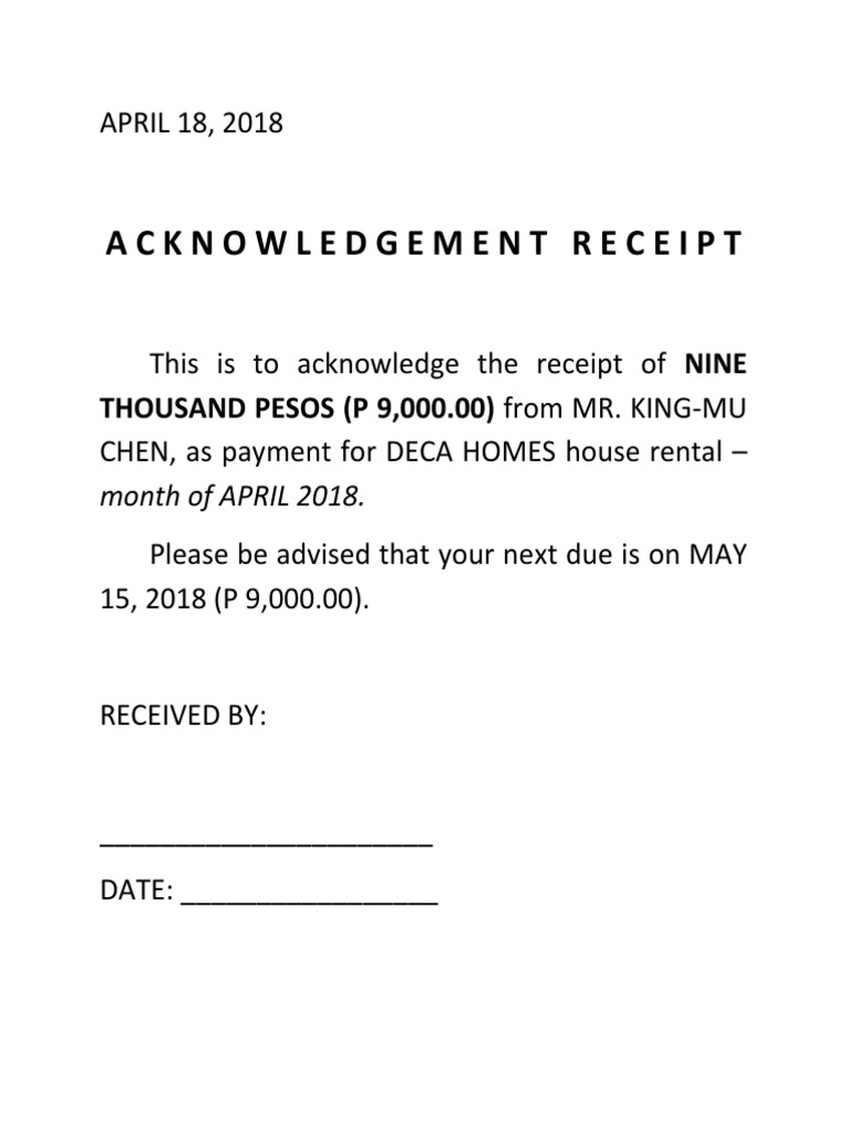 Acknowledgement Receipt For House Rental | PDF