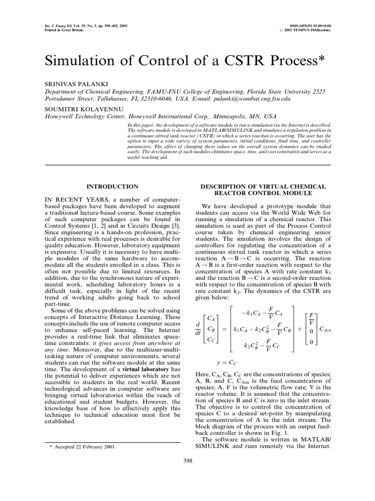 Simulation Of Control Of A Cstr Process Pdf Control Theory Simulation