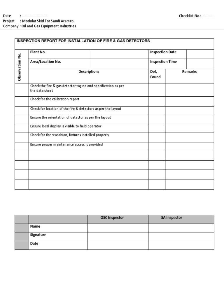 Inspection Report For Installation of Fire & Gas Detectors | PDF