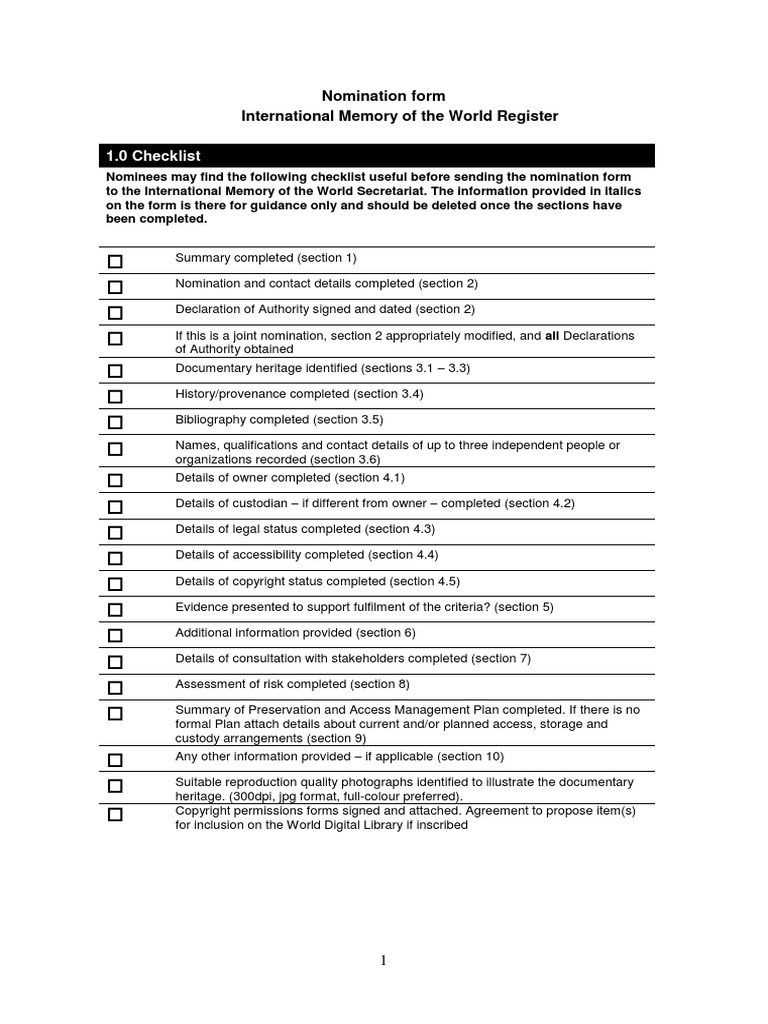 1.0 Checklist: Nomination Form International Memory of The World ...