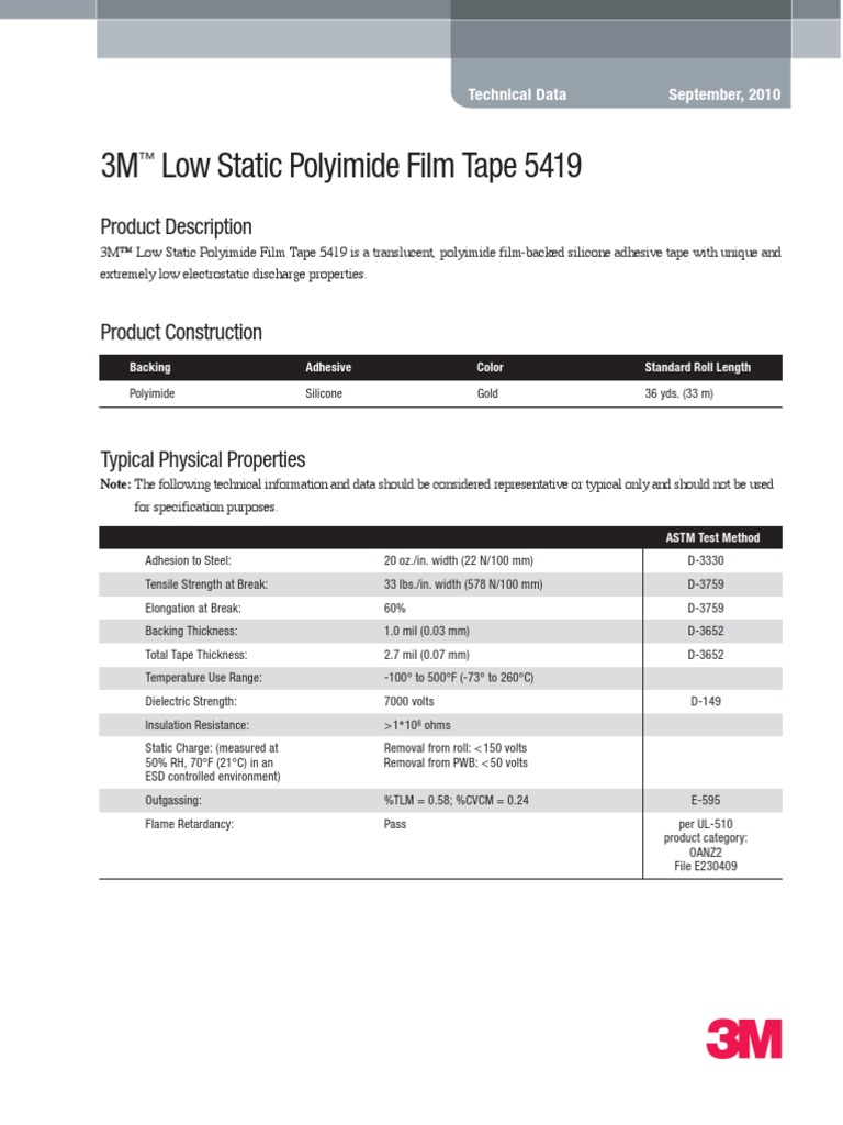 3M Low Static Polyimide Film Tape 5419: Product Description | PDF ...