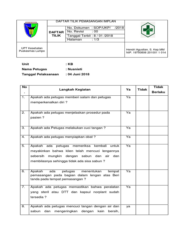 Daftar Tilik KB Kontrasepsi Implan | PDF