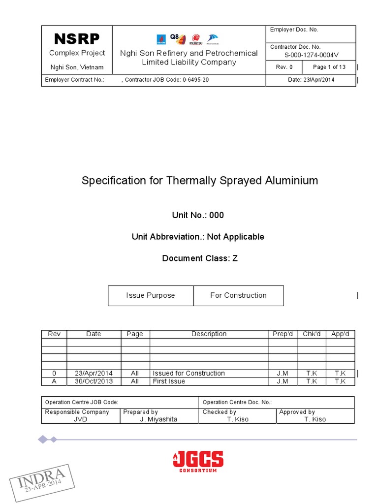 S-000-1274-0004V - 0 - 0010 Specification For Thermally Sprayed Aluminium (Issued To NSRP) | PDF ...