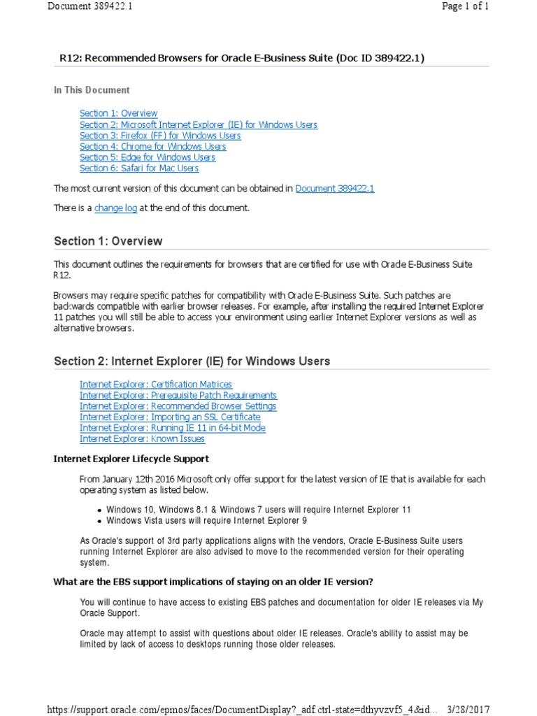 R12 Recommended Browsers For Oracle E-Business Suite (Doc ID 389422.1 ...