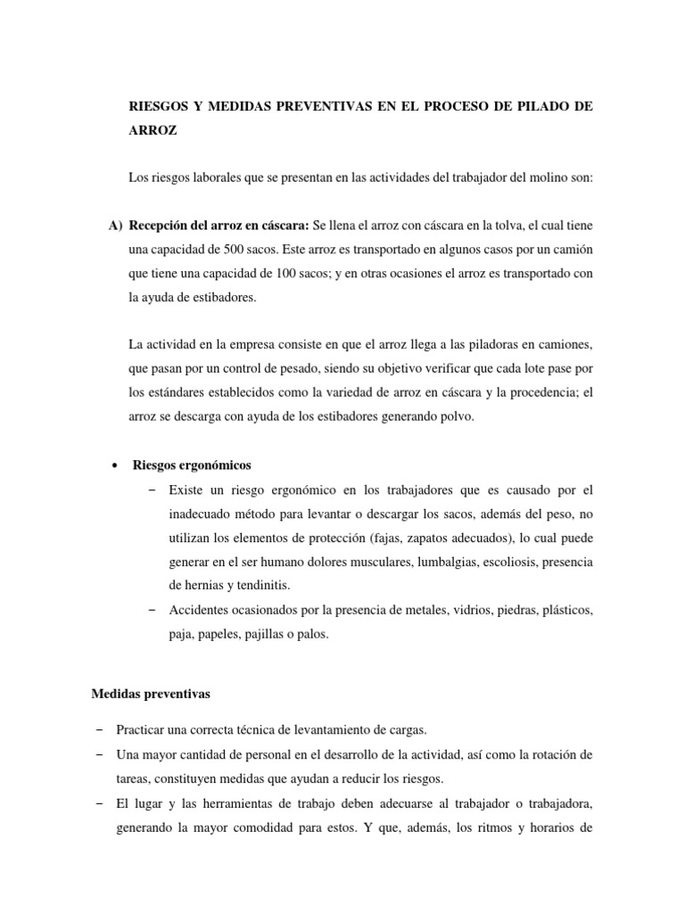 Riesgos y Prevención en Pilado de Arroz | PDF | Combustión | ruido