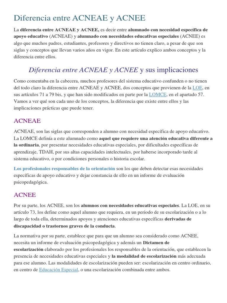 Diferencias entre ACNEAE y ACNEE | PDF | Conceptos psicologicos ...