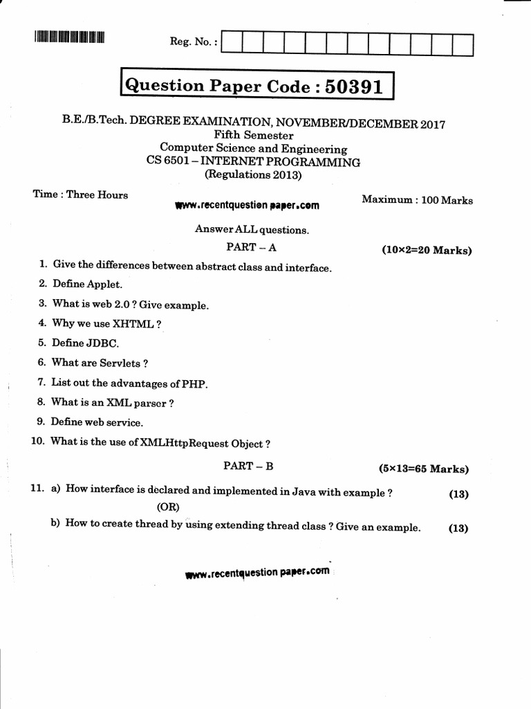 Cs6501 Internet Programming Question Paper Nov Dec 2017 Pdf Java Servlet Java Programming