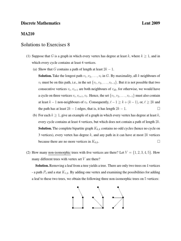 Solutions To Exercises 8: Discrete Mathematics Lent 2009 MA210 | PDF | Vertex (Graph Theory ...