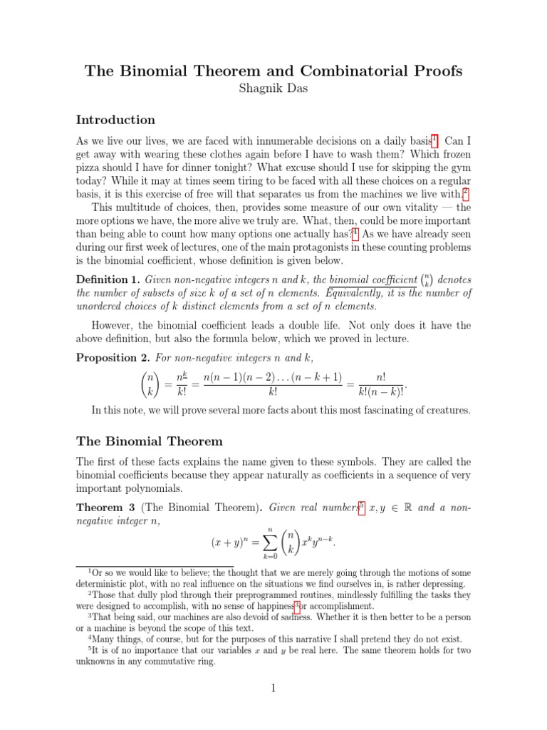 The Binomial Theorem and Combinatorial Proofs: Shagnik Das | PDF | Mathematical Proof ...