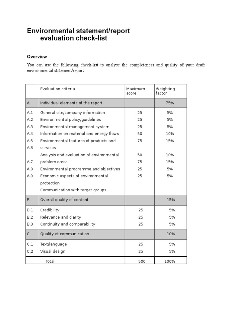 Environmental Statement/report Evaluation Check-List | PDF | Life Cycle ...