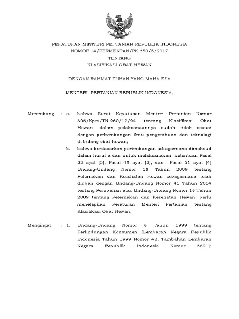 Klasifikasi Obat Hewan Permentan 14/2017 | PDF | Pengembangan Diri ...