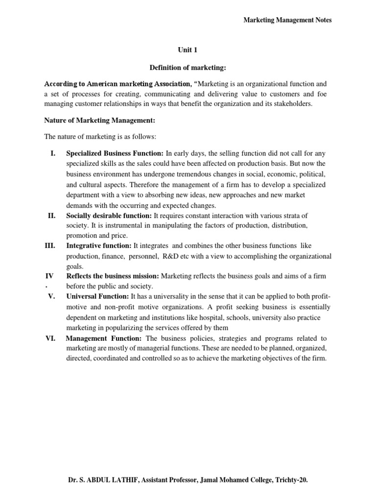 Marketing Management Bba Notes | PDF | Marketing | Sales