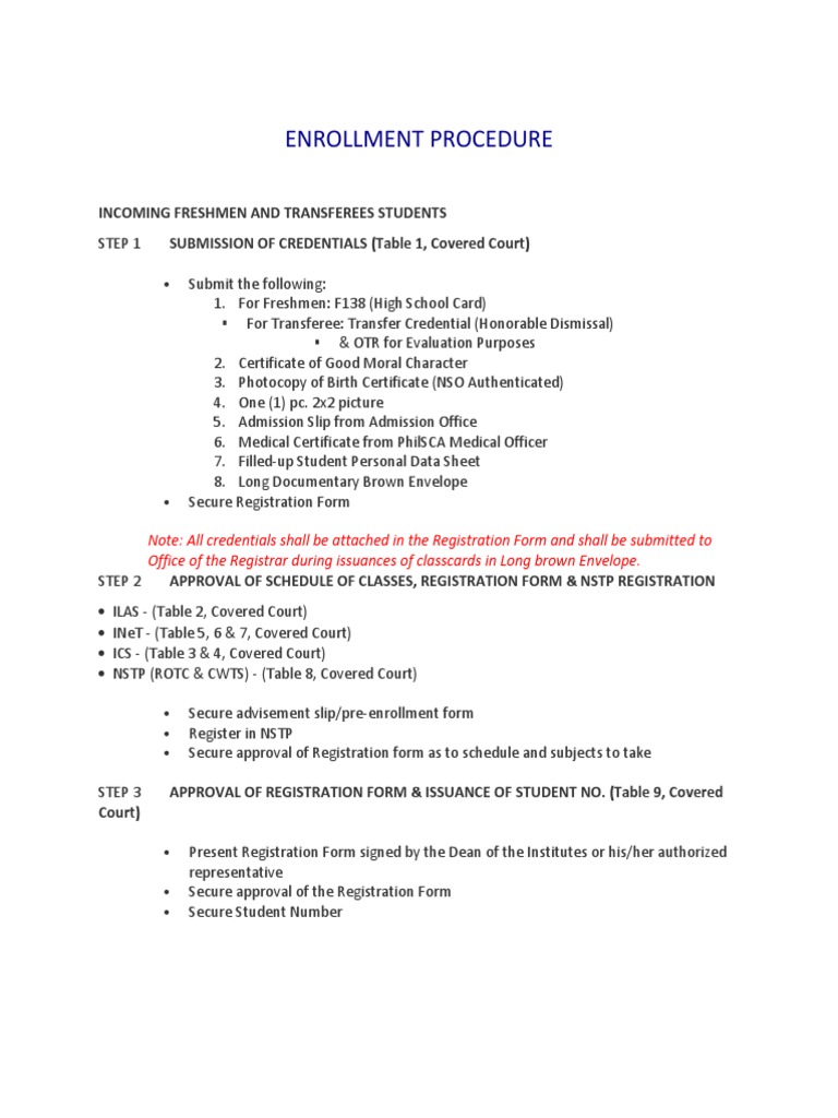 Enrollment Procedure: Incoming Freshmen and Transferees Students | PDF ...