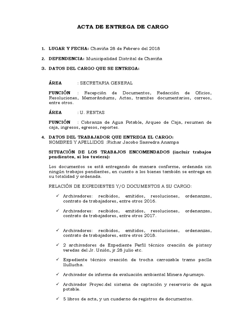 ACTA DE ENTREGA DE CARGO.doc | Bienes manufacturados | Tecnología ...