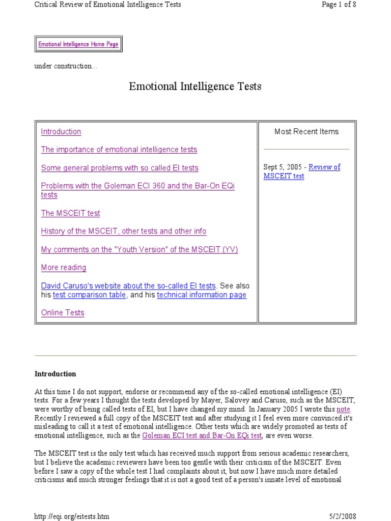 Emotional Intelligence Tests: Review of MSCEIT Test | PDF | Emotional ...