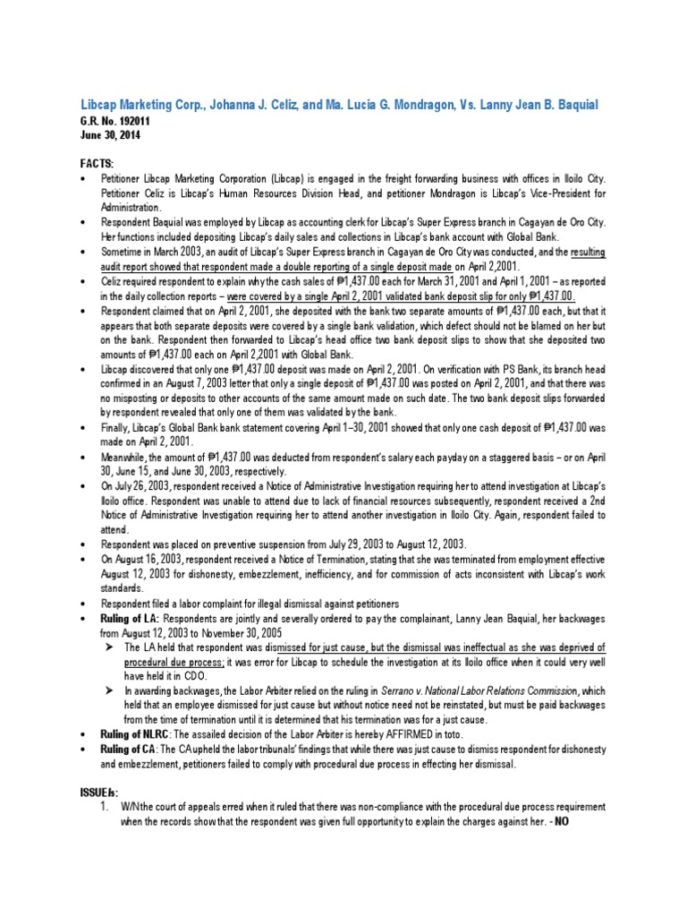Libcap Marketing Corp. vs. Lanny Jean B. Baquial | PDF | Employment ...
