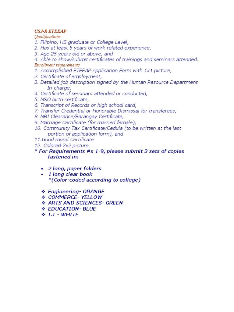 USJR ETEEAP Qualifications Requirements | PDF