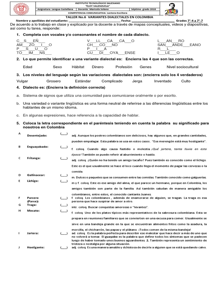 Taller No.6 Variantes Dialectales en Colombia | PDF | Dialecto | Los ...